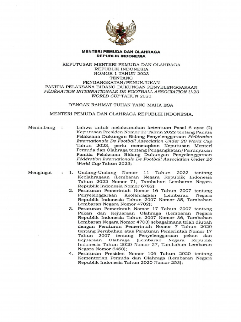 Kepmen No. 1 TTG Pengangkatan Atau Penunjukan Panpel Bid. Dukungan Penyelenggaraan Federation ...