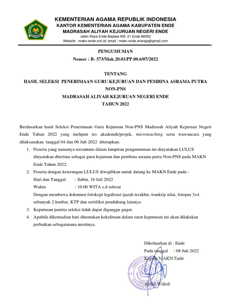 Hasil Seleksi Guru Kejuruan MAKN Ende 2022 | PDF
