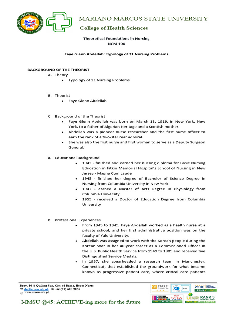 Typology of 21 Nursing Problems - ABDELLAH | PDF | Nursing | Patient