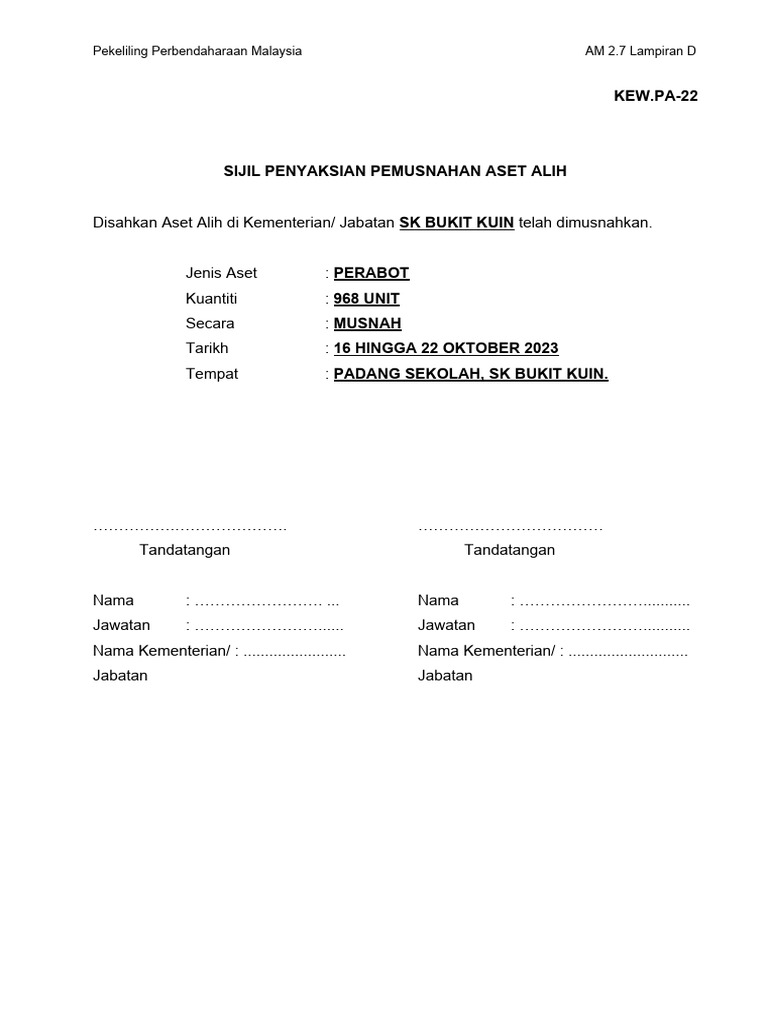KEW - Pa-22 (Sijil Penyaksian Pemusnahan Aset Alih) | PDF