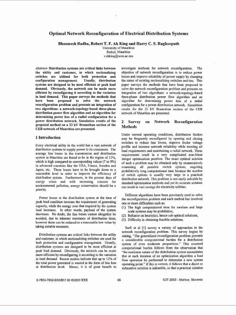 Optimal Network Reconfiguration Of Electrical Distribution Systems Pdf Mathematical