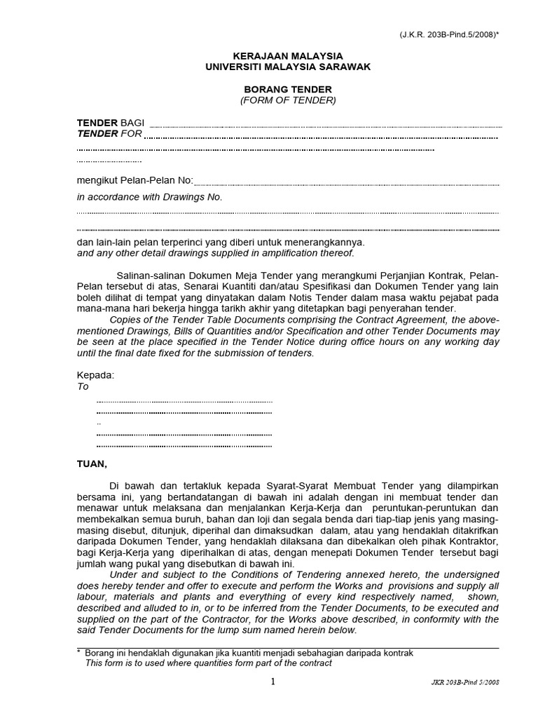 5-Borang Tender-JKR 230B-Pind.5 2008 | PDF