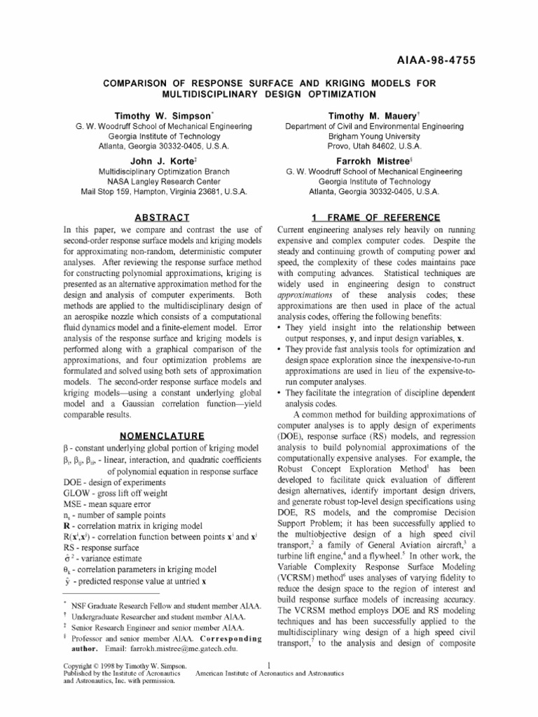 Comparison of Response Surface and KRLGLNG Models For Multidisciplinary Design Optimization ...