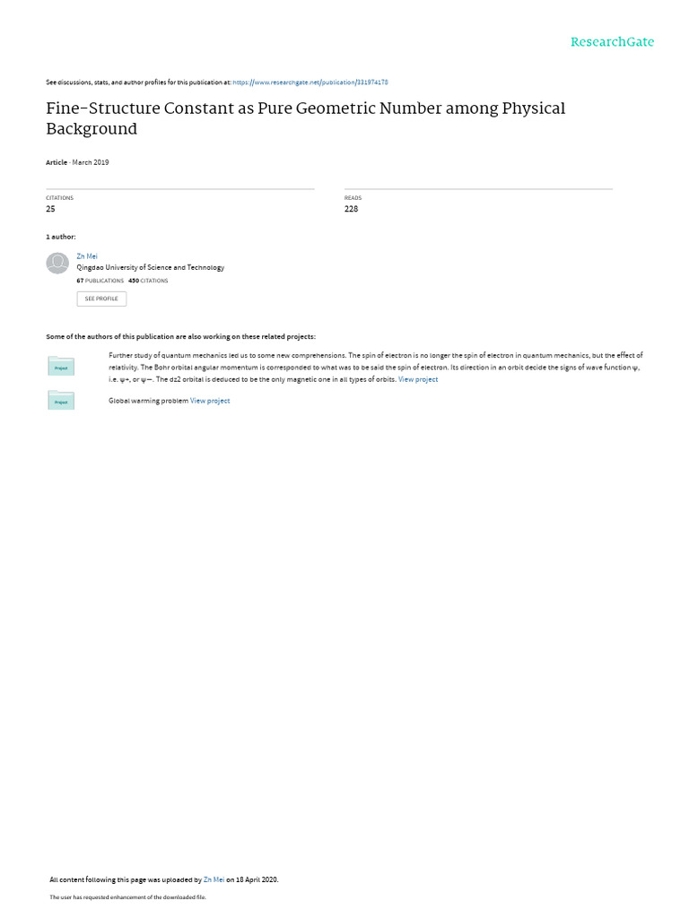 24 Fine Structure Constant As Pure Geometric Number Among Physical Background Pdf Spacetime