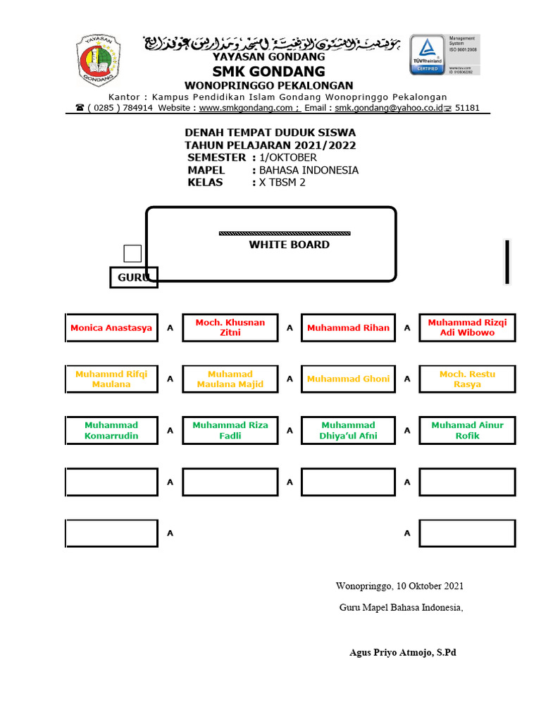 Denah Tempat Duduk X TBSM 2 | PDF