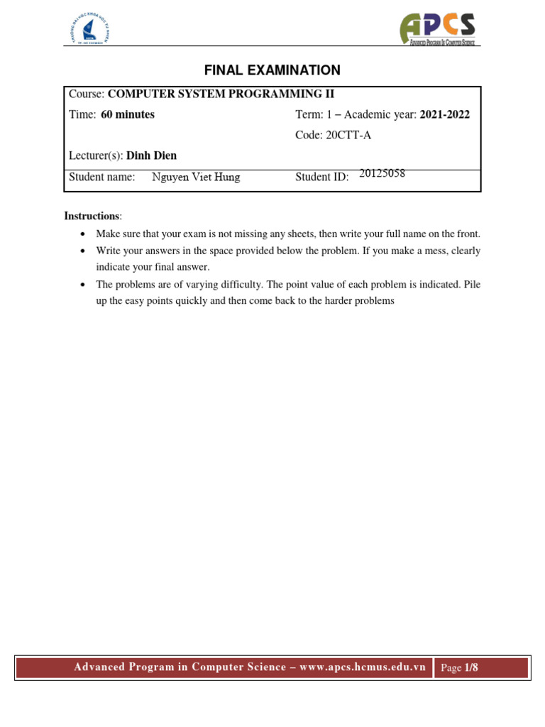 Computer System Programming Exam 2021 | PDF