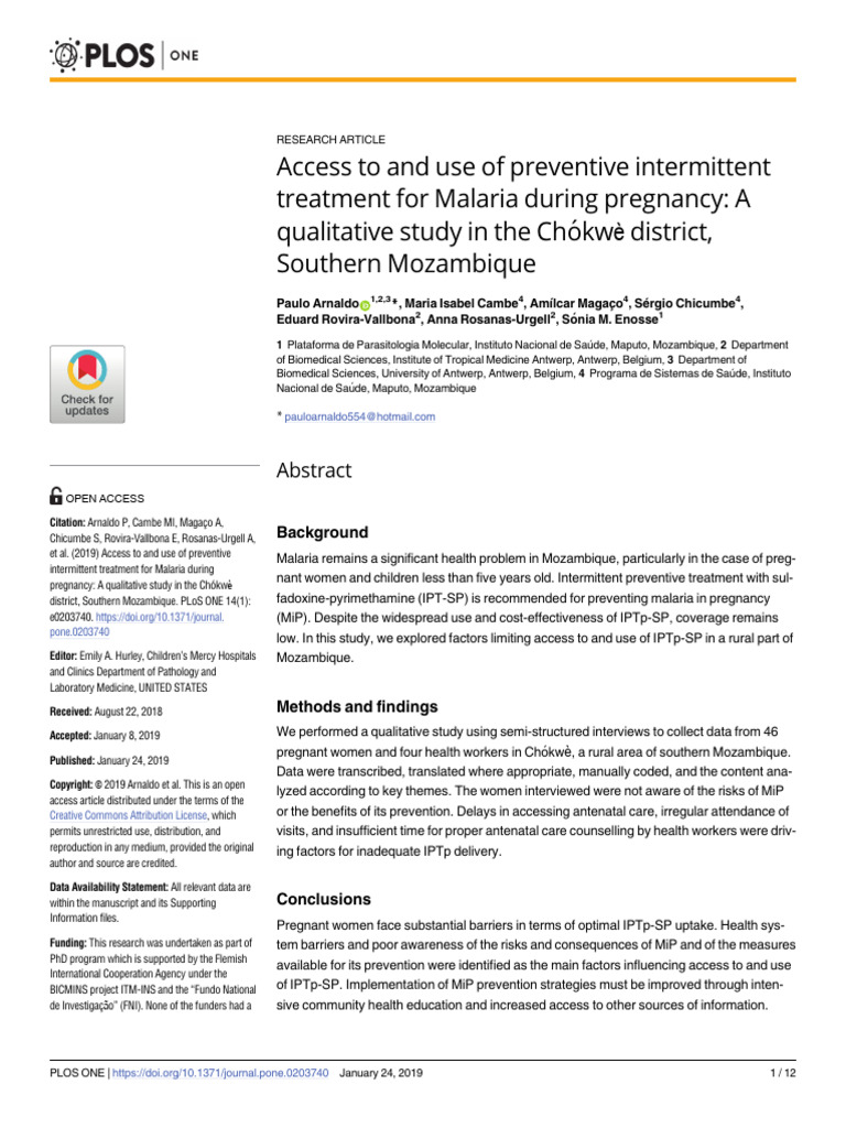 Paper Qualitative Plos One Malaria | PDF | Pregnancy | Malaria
