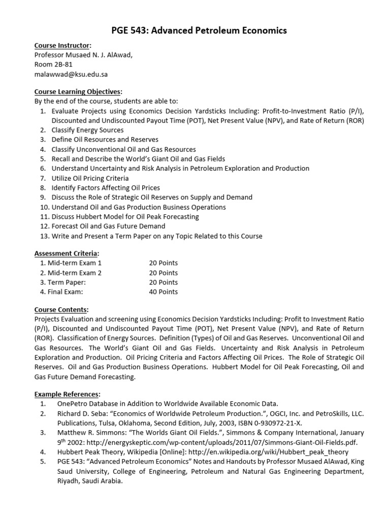 PGE 543 - Advanced Petroleum Economics | PDF | Petroleum | Net Present Value