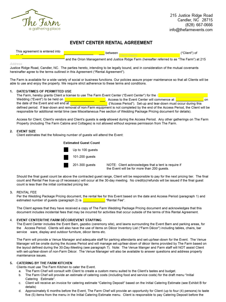 The Farm Event Center Rental Agreement | PDF