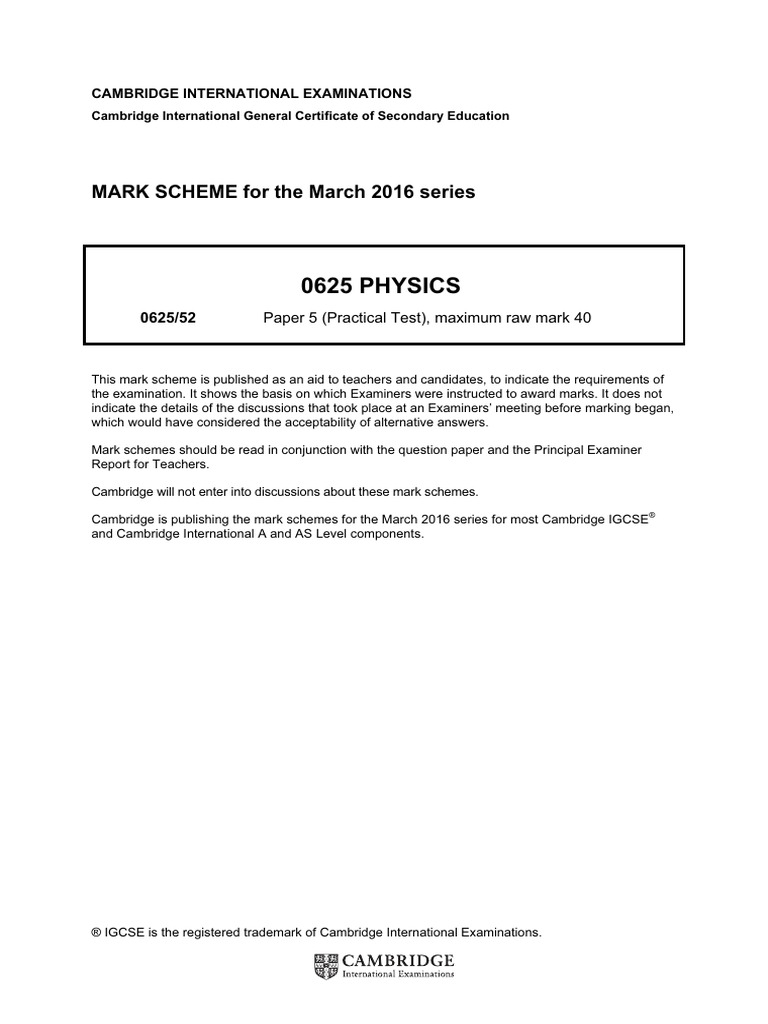 0625 PHYSICS: MARK SCHEME For The March 2016 Series | PDF
