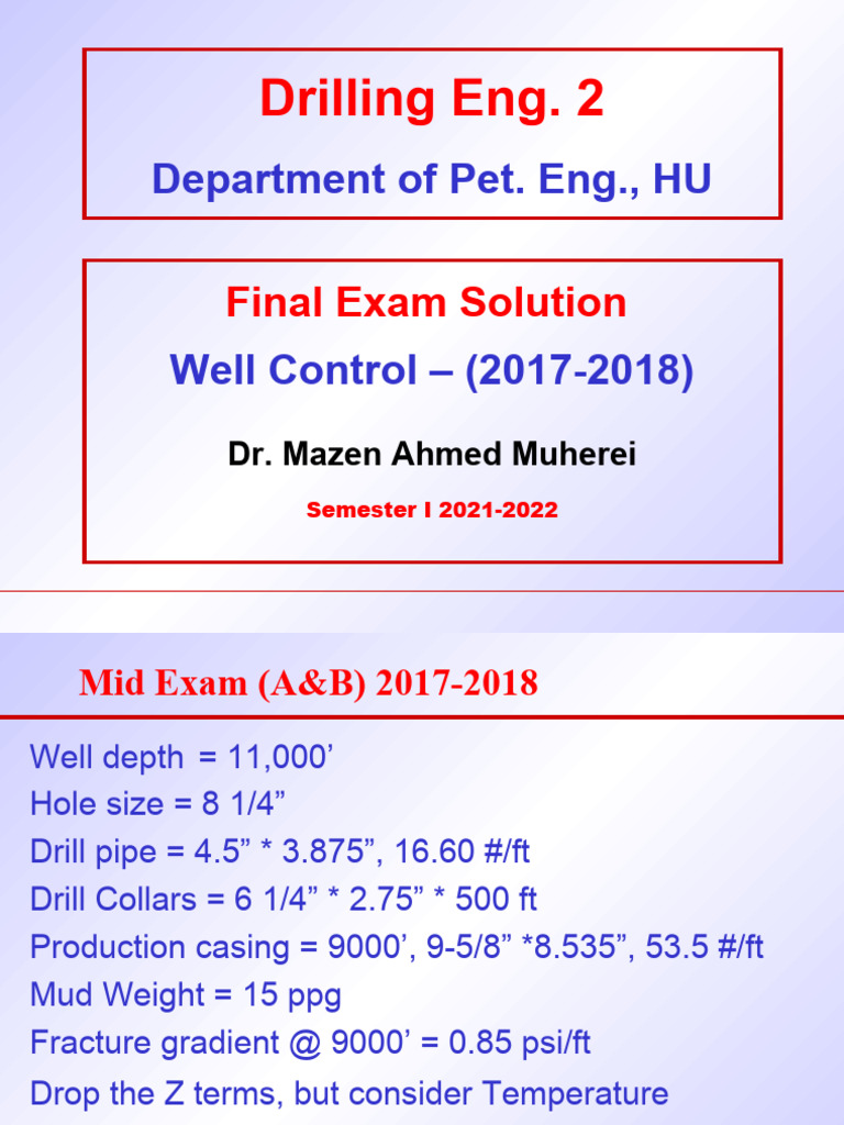 7 - Well Control - Final Exam (2017-2018) Solution | PDF