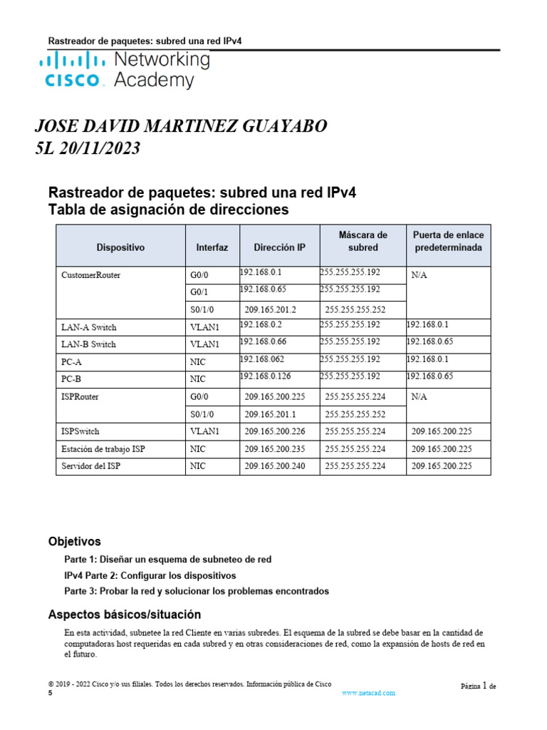 Taller 14 Subnet An Ipv4 Network Pdf Dirección Ip Transmisión De Datos