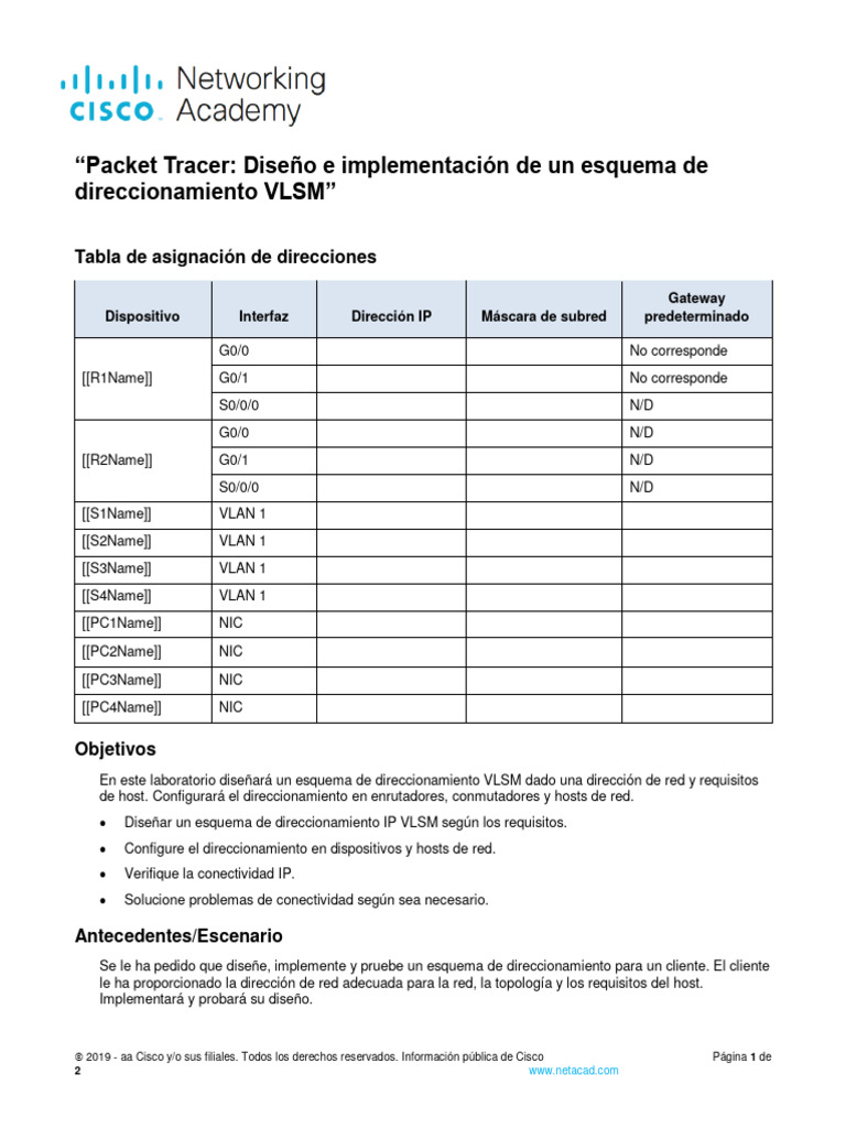 Taller 17. Packet Tracer - Design and Implement A VLSM Addressing Scheme | PDF | Dirección IP ...