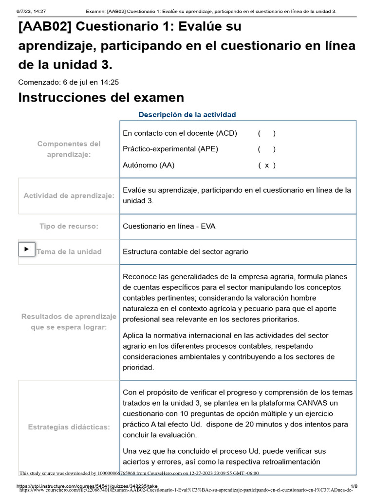 Examen AAB02 Cuestionario 1 Eval e Su Aprendizaje Participando en El Cuestionario en L Nea de L ...