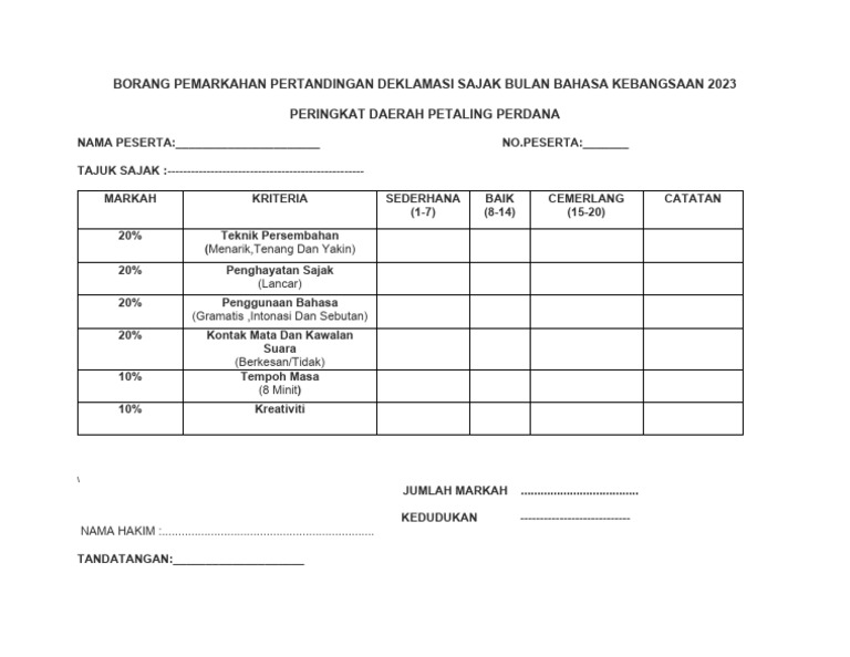 Borang Pemarkahan Pertandingan Deklamasi Sajak Bulan Bahasa Kebangsaan ...