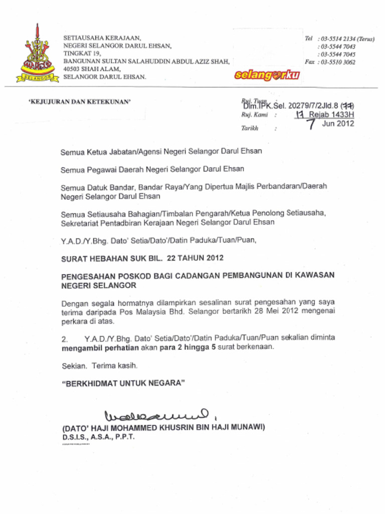 Surat Hebahan SUK Bil. 22 Tahun 2012 Pengesahan Poskod | PDF