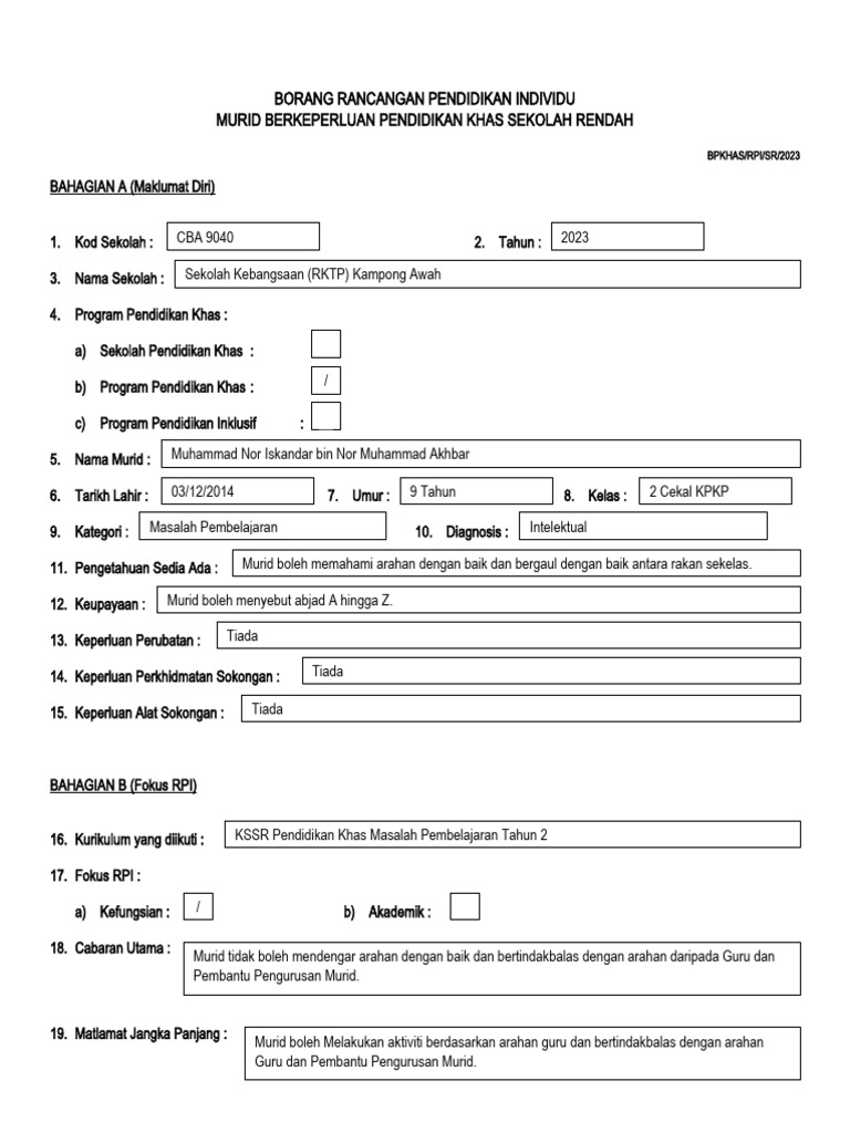 Borang Rancangan Pendidikan Individu dan Borang Rumusan Prasidang (Edisi 2023) - Muhammad Nor ...