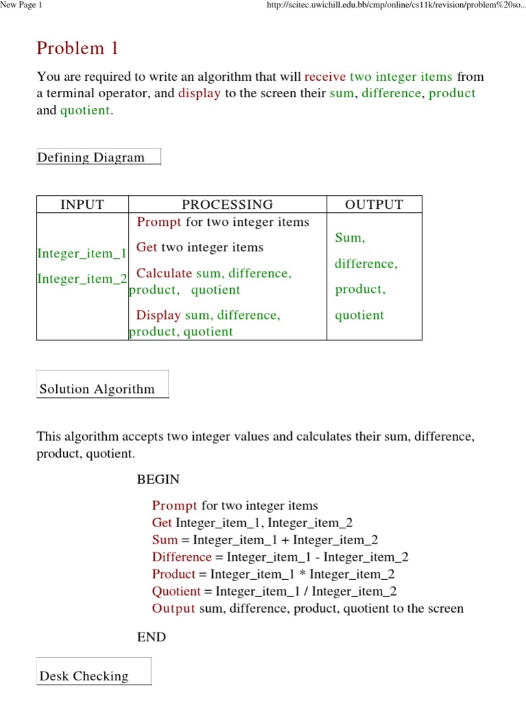 Ipo and Pseudo Worksheet | Algorithms | Integer