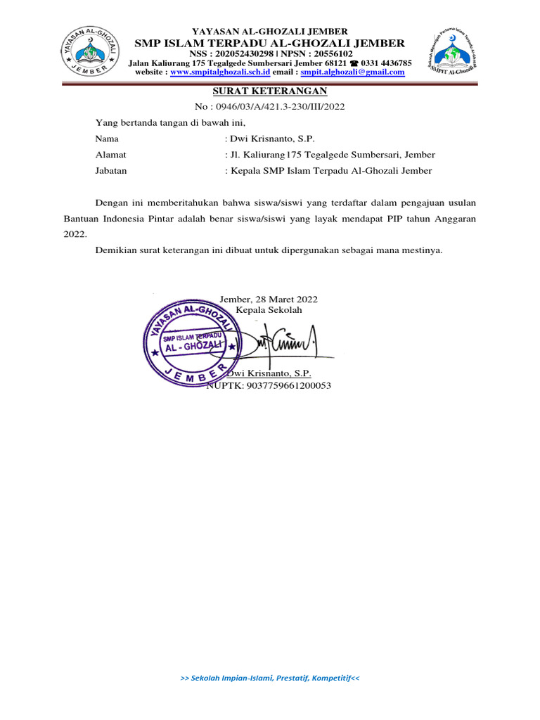 Contoh Surat Keterangan Sekolah | PDF