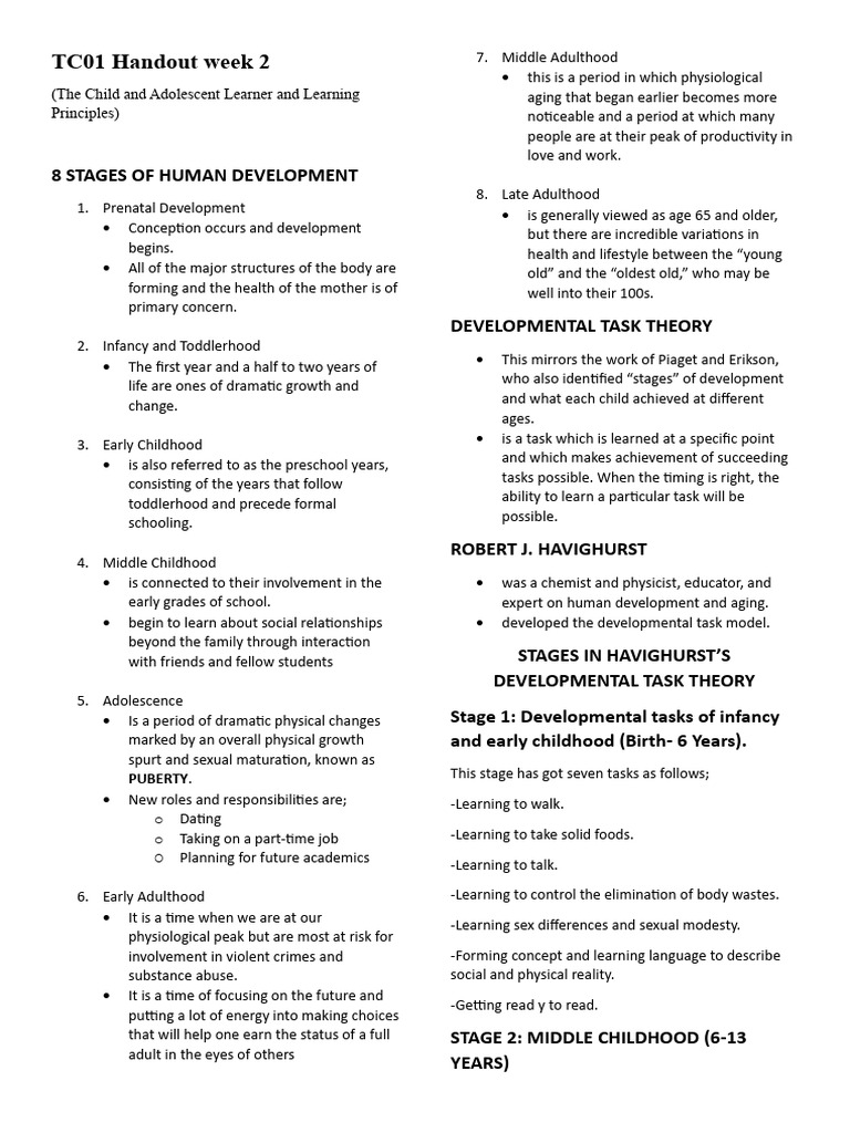 TC01-Handout-week-2 | PDF | Developmental Psychology | Adolescence
