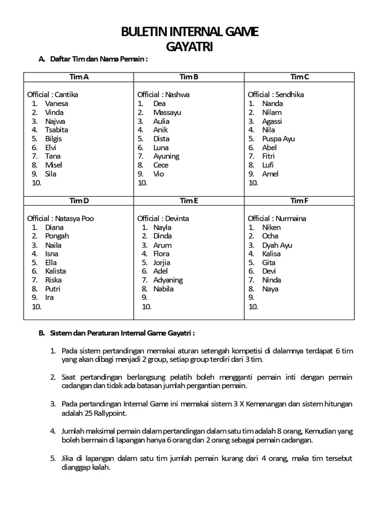 BULETIN INTERNAL GAME Sementara | PDF
