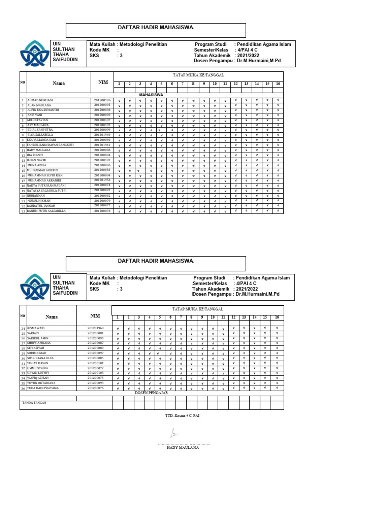 Absen Metodologi Penelitian Pai 4 C | PDF