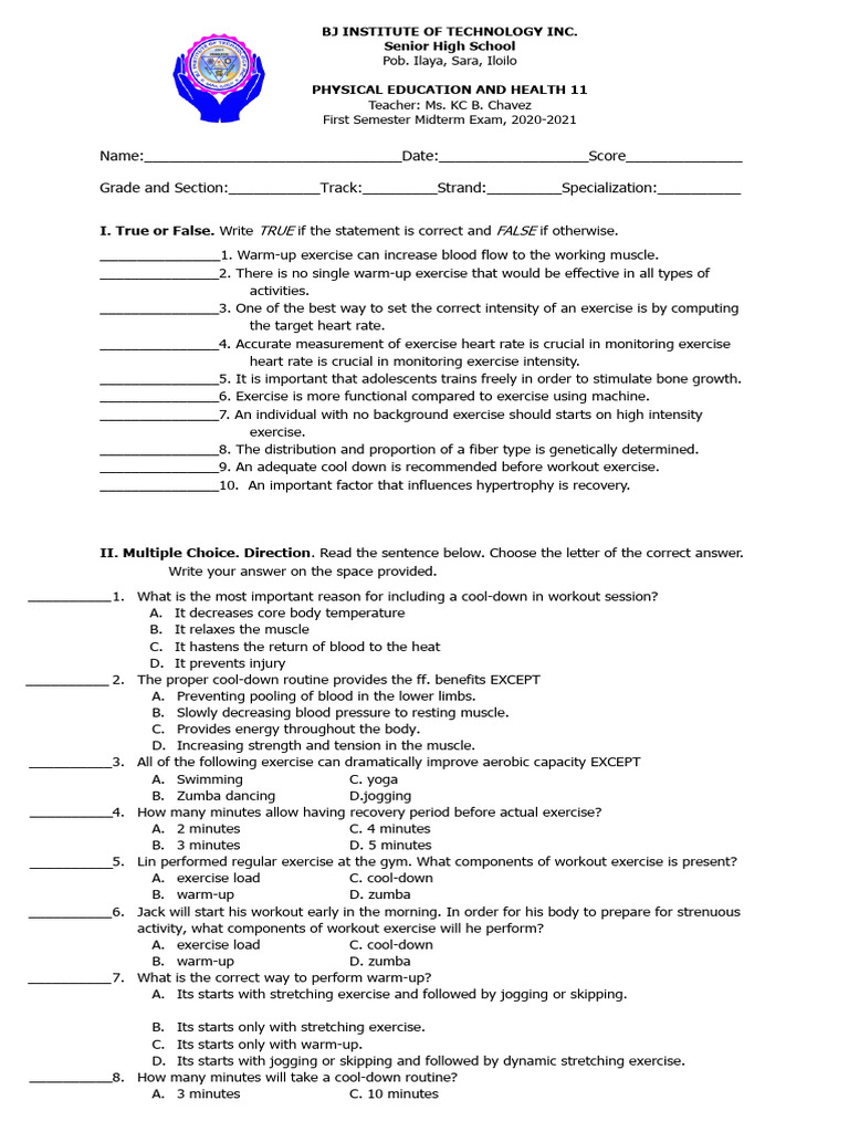 1st Semester MIDTERM EXAM in Physical Education and Health 11 21-22 ...