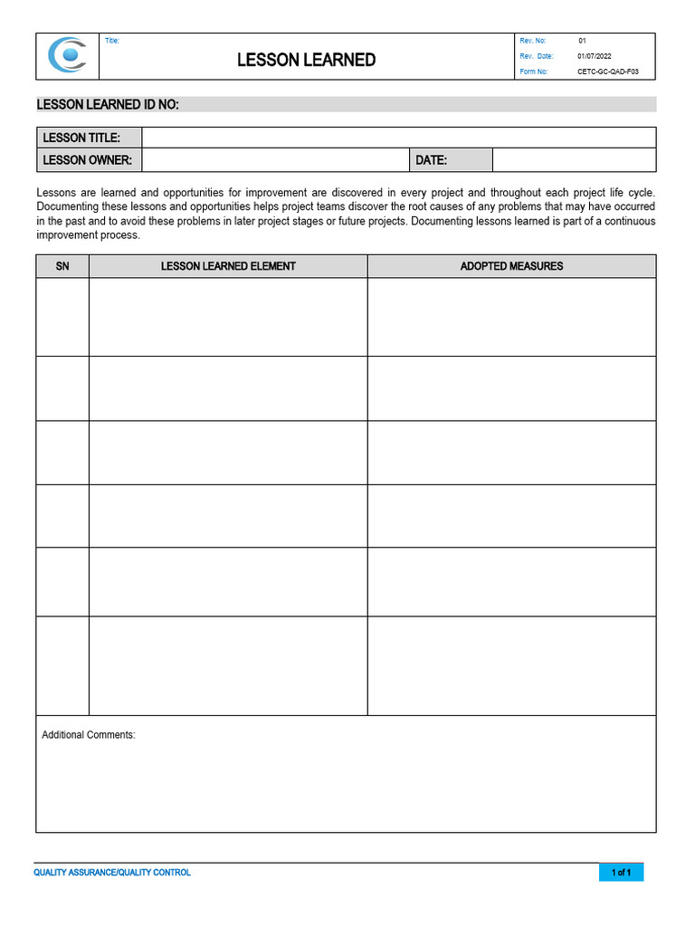 QAD-F03 Lesson Learned - Rev.01 | PDF