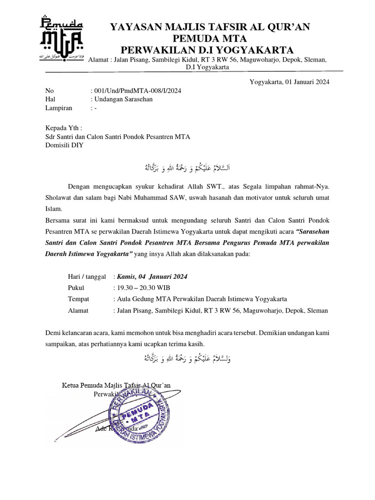 01-01 Surat Undangan Santri Pondok Pesantren | PDF