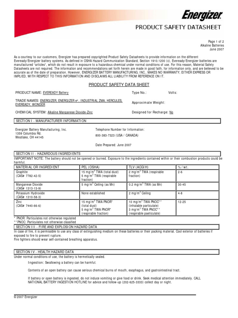 Eveready Zinc Battery MSDS | PDF | Technology & Engineering