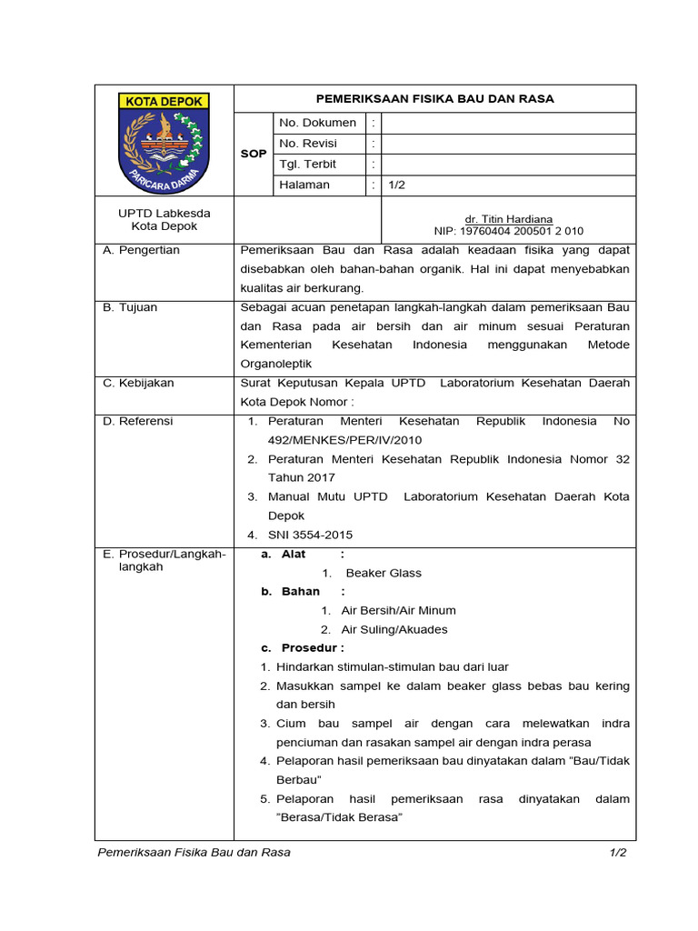 Sop Pemeriksaan Bau Dan Rasa | PDF