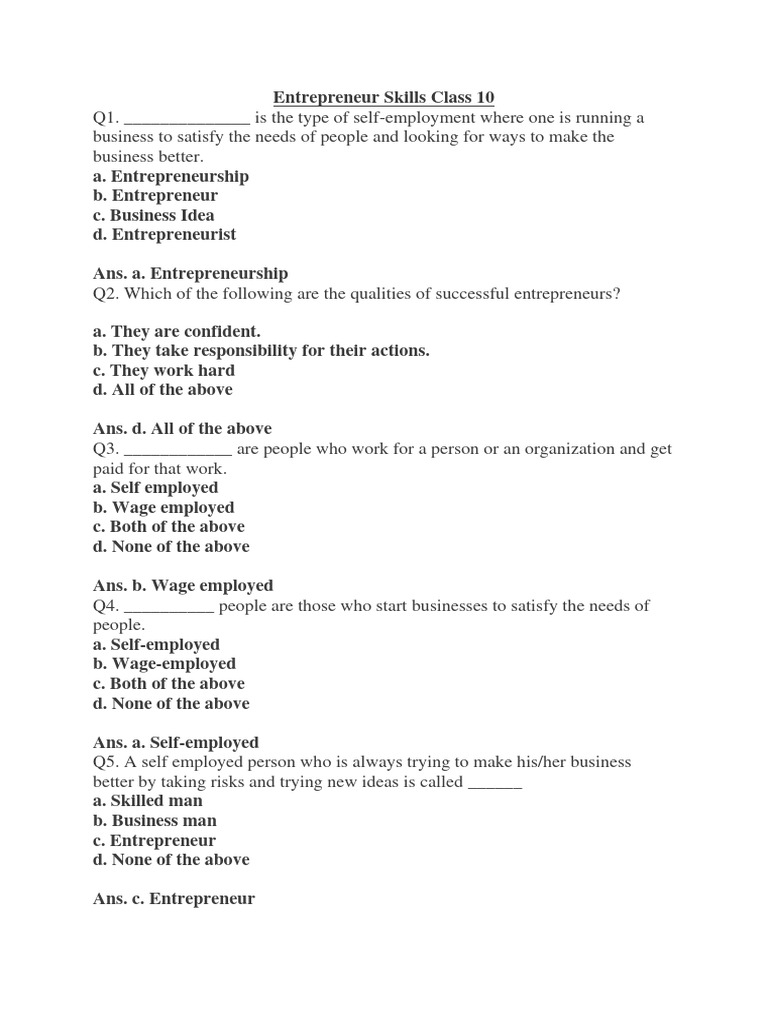 Entrepreneur Skills Class 10 | Download Free PDF | Entrepreneurship ...