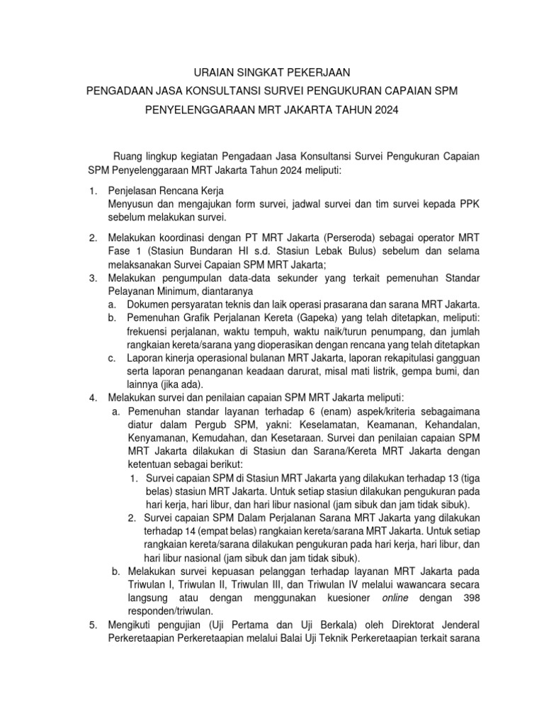 Uraian Singkat Pekerjaan SPM MRT 2024 | PDF