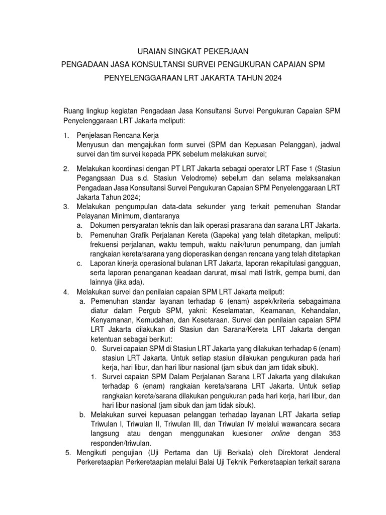 URAIAN SINGKAT PEKERJAAN SPM LRT 2024 | PDF