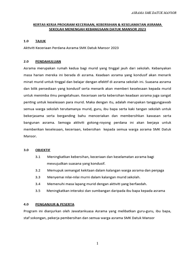 Kertas Kerja Program 3k Asrama SMKDM 2023 | PDF