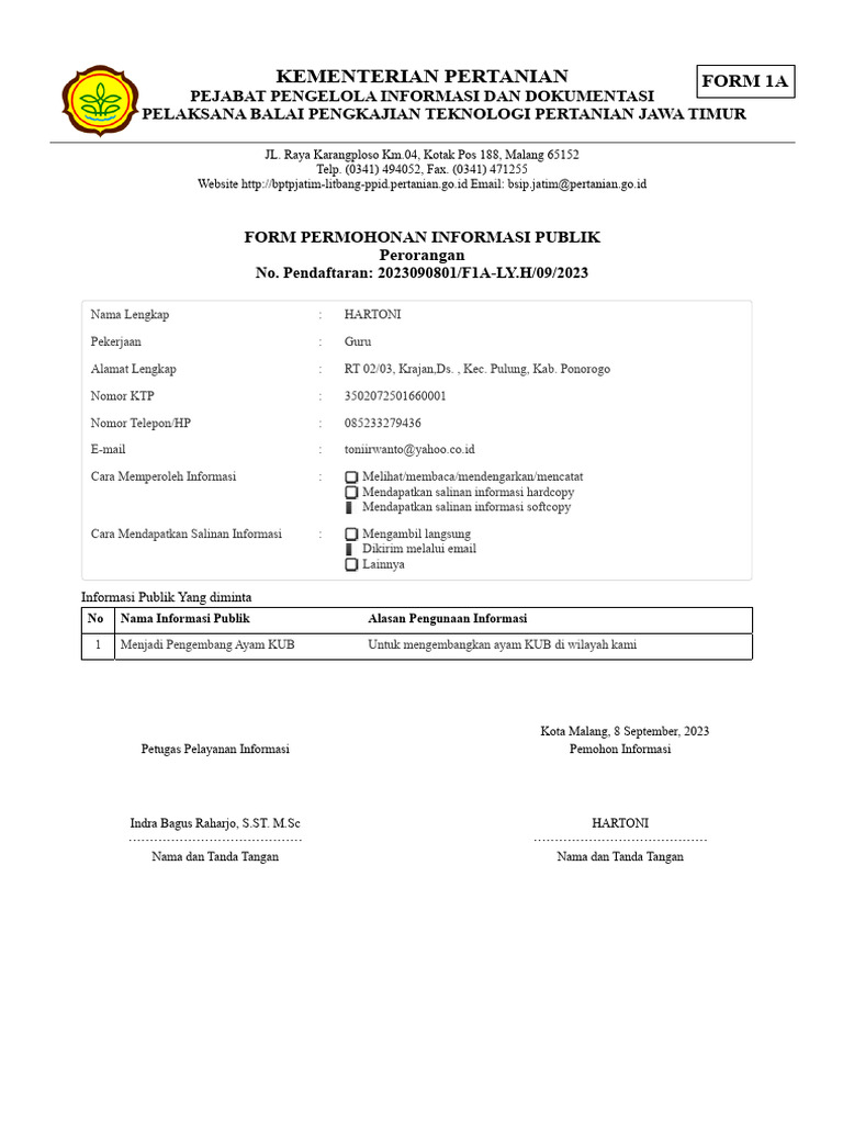 PPID KEMENTAN - Print Permohonan 1A | PDF
