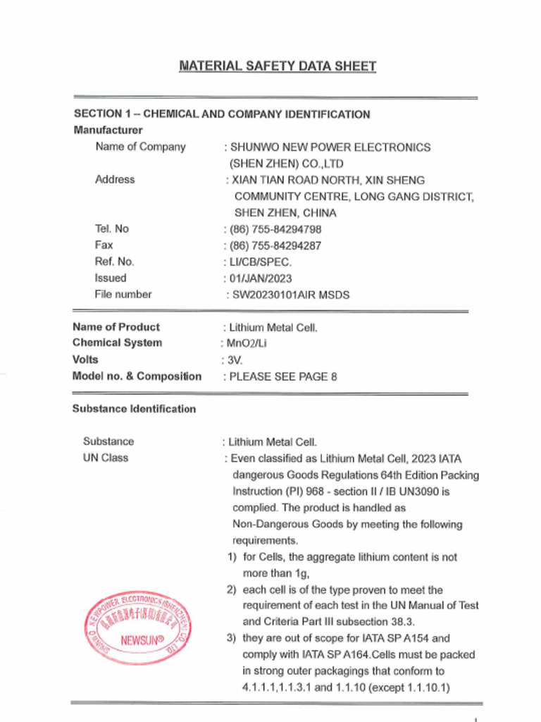 2023 MSDS - BY AIR (空運) SHUN WO (FTY) | PDF