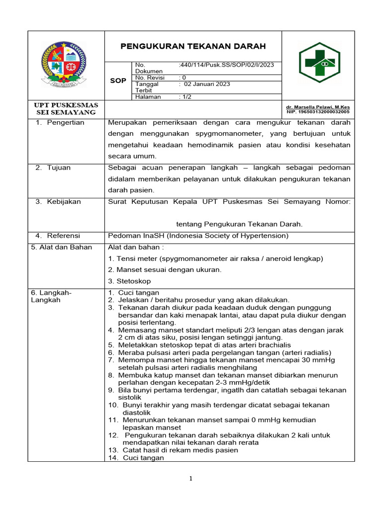 Sop Pengukuran Tekanan Darah | PDF