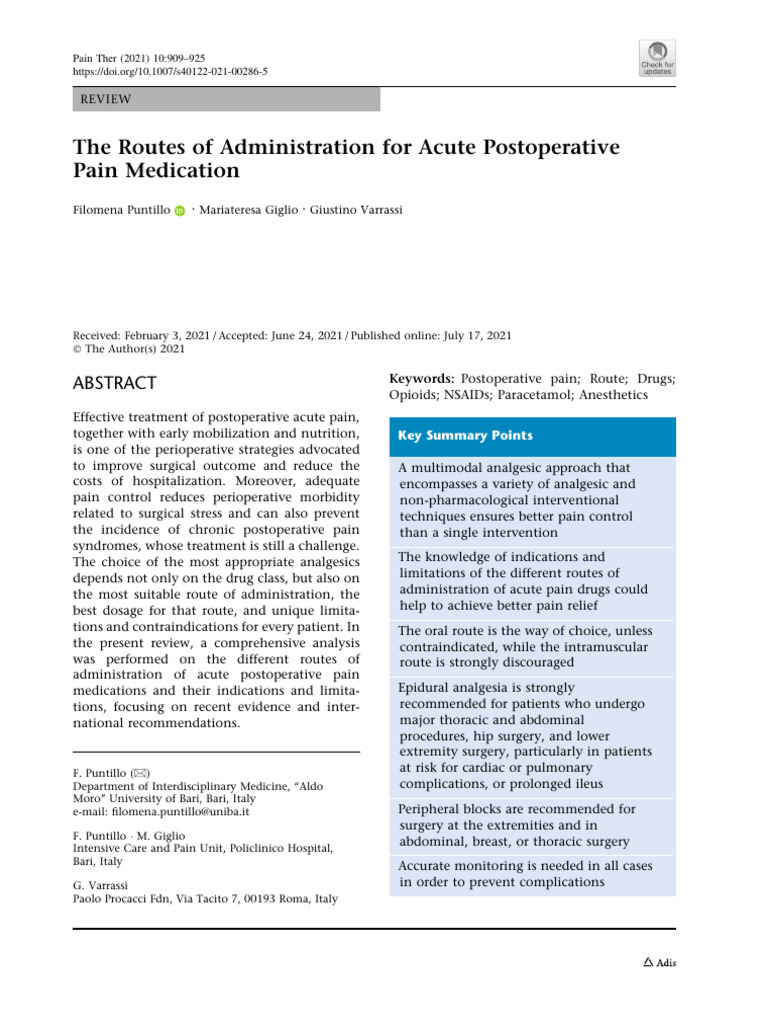 The Routes of Administration For Acute Postoperative Pain Medication ...