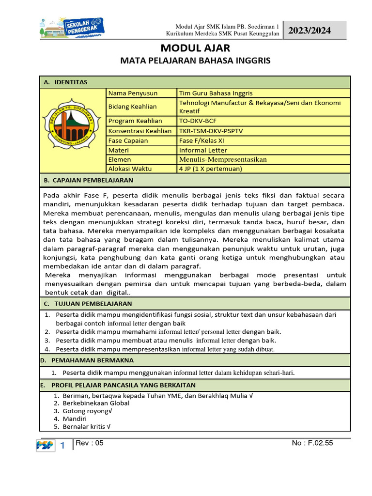 1. 2324_MODUL AJAR _BHS ING_informal letter_REVISI | PDF