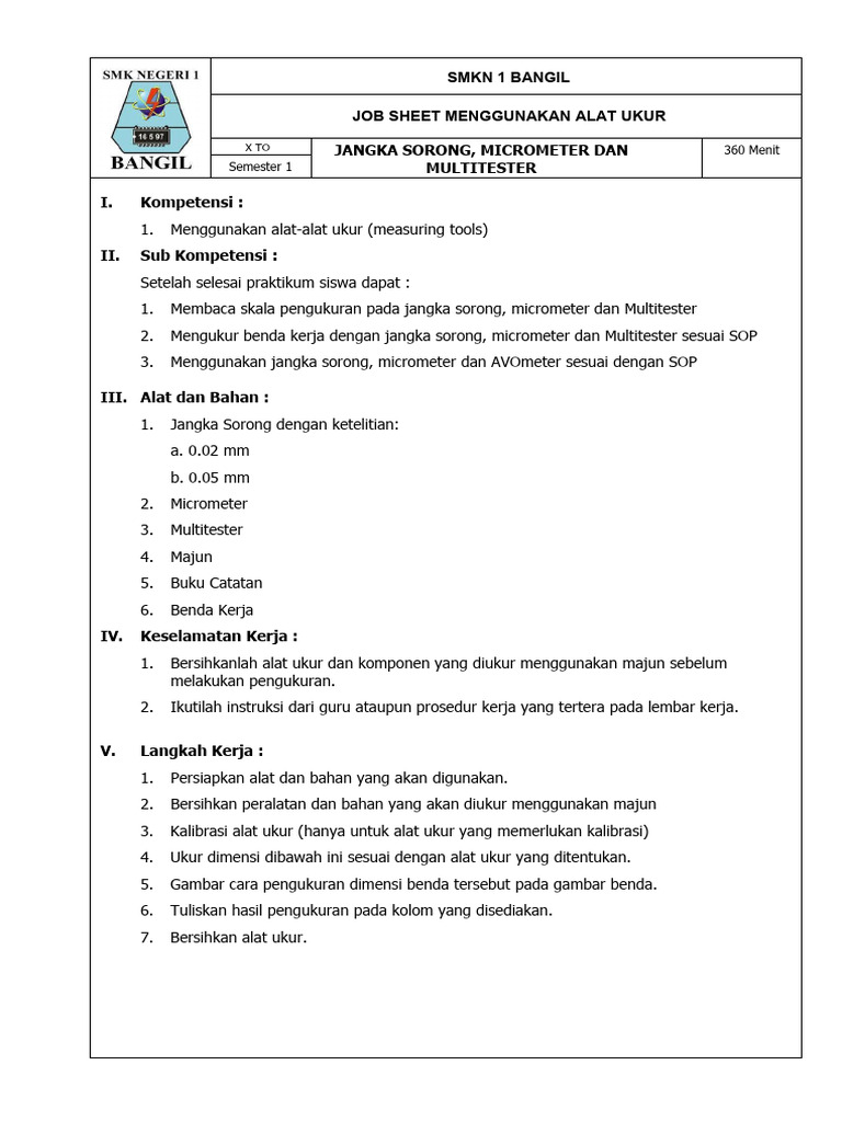 Jobsheet Menggunakan Alat Ukur | PDF