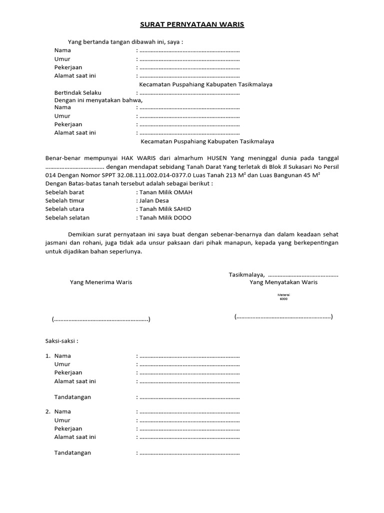 Surat Pernyataan Waris | PDF