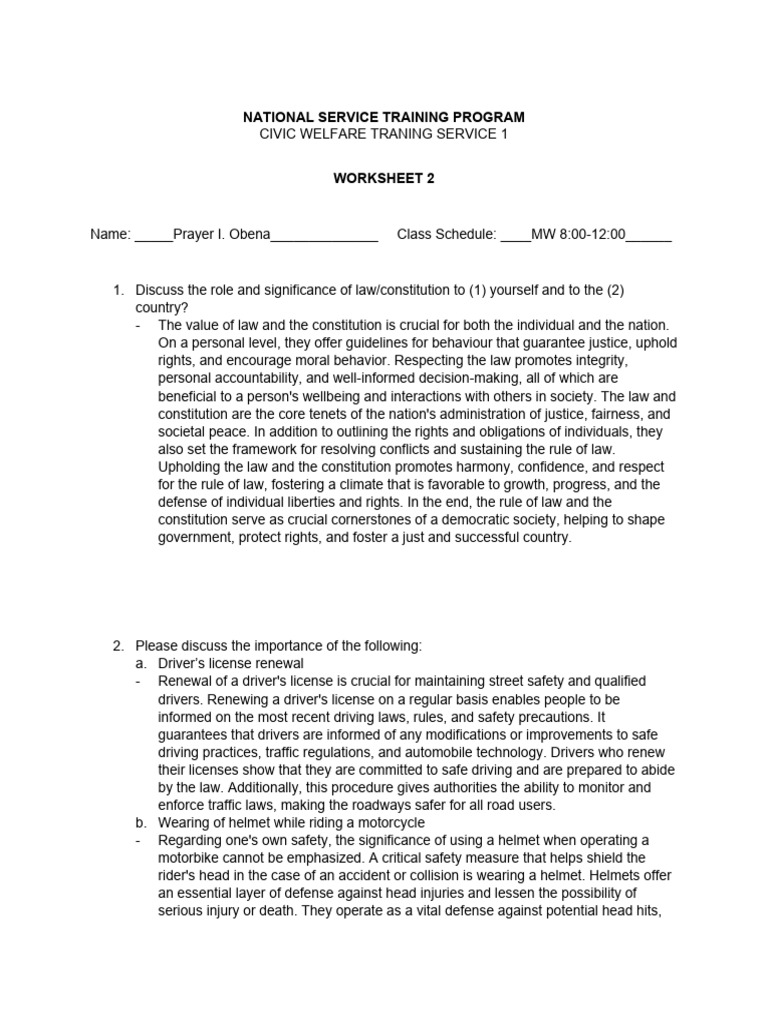 NSTP 1 Worksheet 2 - OBENA | PDF | Taxes | Gender Equality