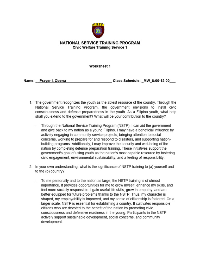 NSTP 1 Worksheet 1 - OBENA | PDF