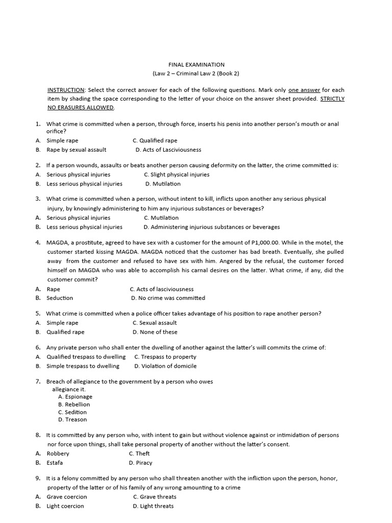 FINAL EXAMINATION Crim 2 | PDF | Robbery | Rape