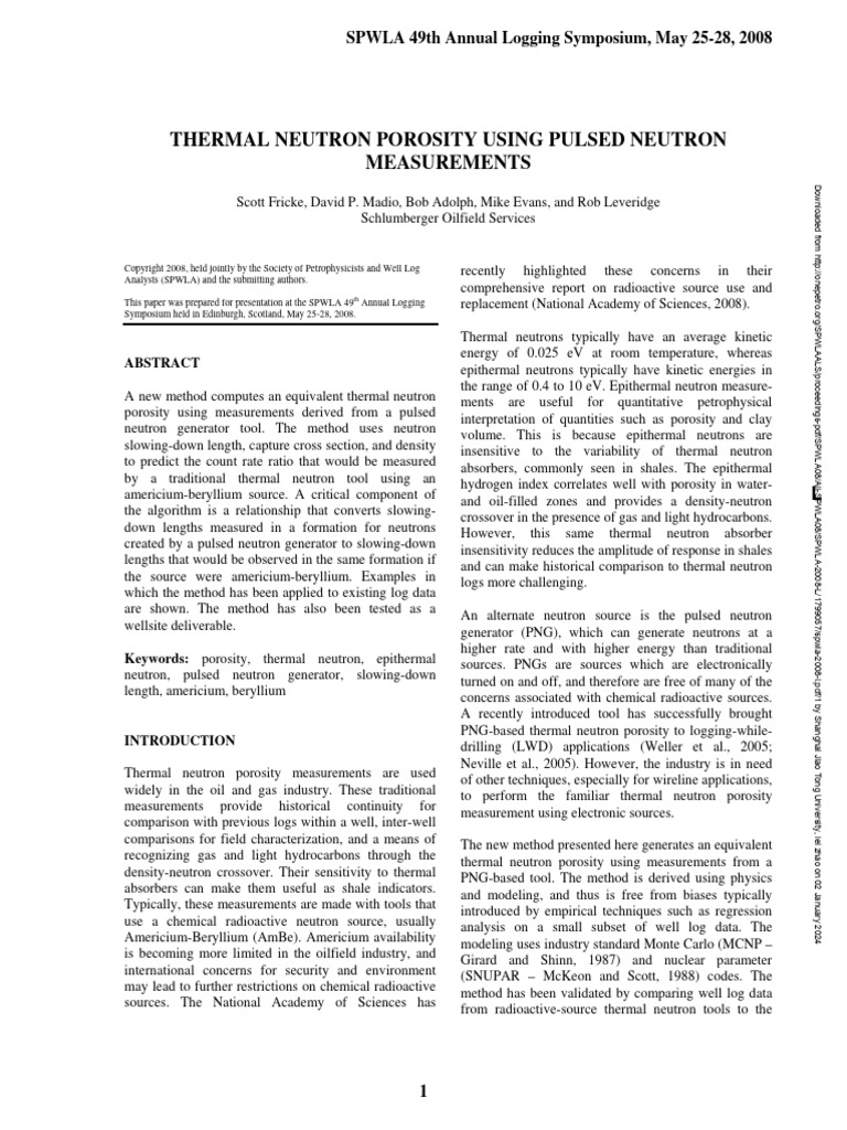 Thermal Neutron Porosity Using Pulsed Neutron Measurements | PDF | Neutron | Porosity