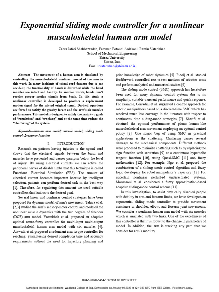 Exponential Sliding Mode Controller For A Nonlinear Musculoskeletal Human Arm Model | Download ...