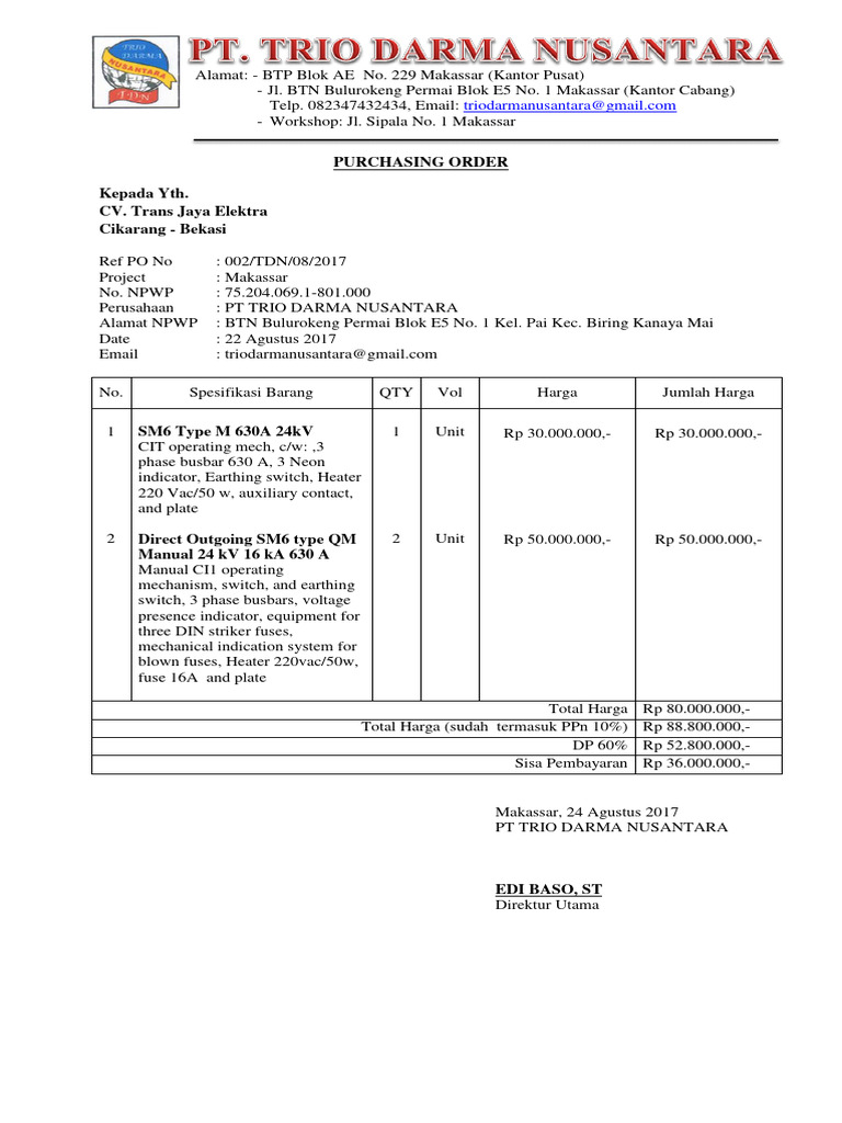 Invoice Balasan Ke CV. Trans Jaya Elektra | PDF