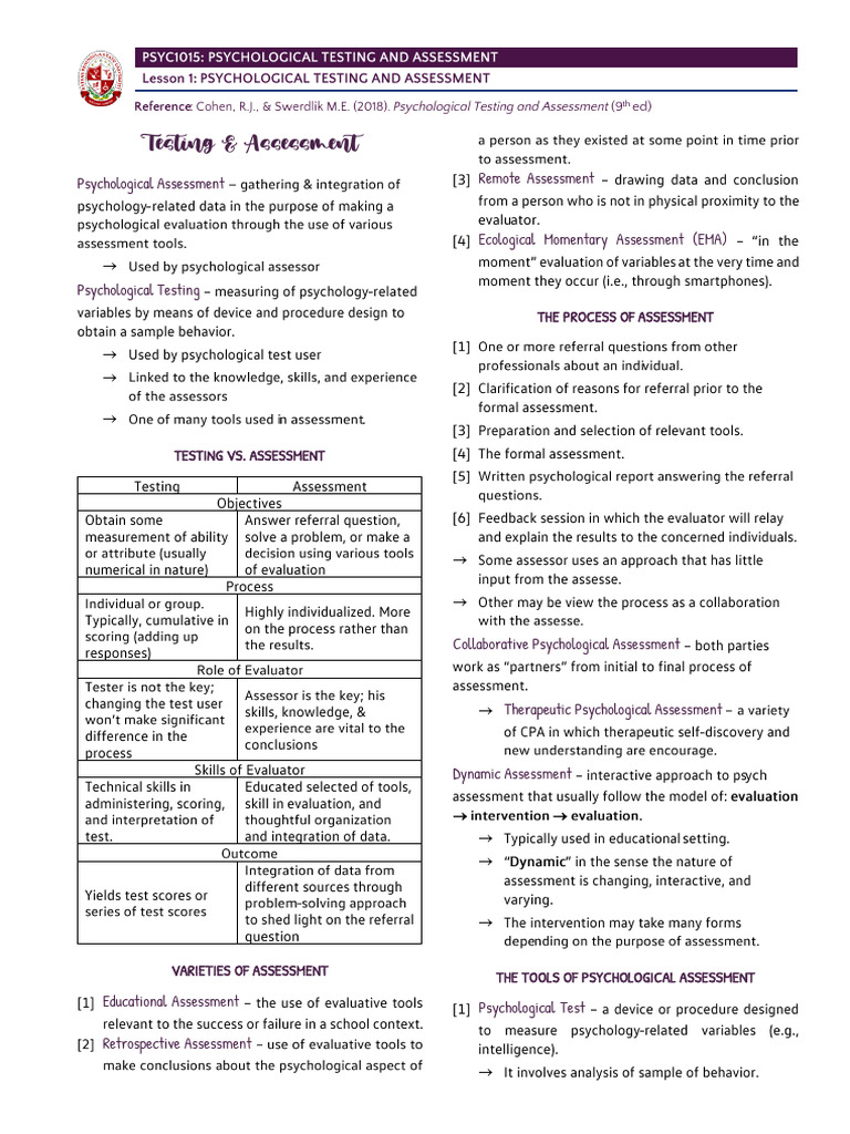 Week 1 - Psychological Testing and Assessment | PDF | Psychometrics ...