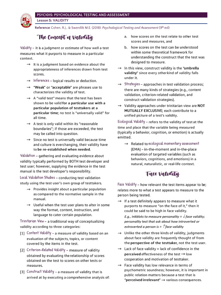 Week 5 - Validity | PDF | Validity (Statistics) | Psychology